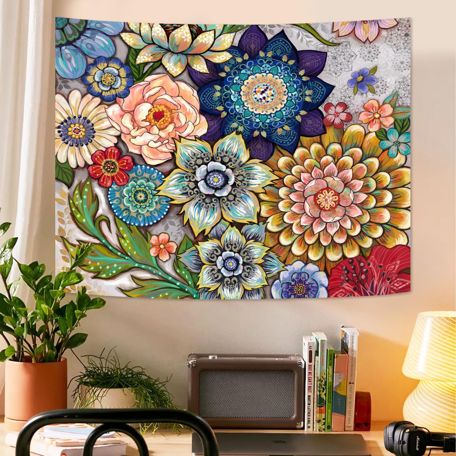 PET SUPPLY PLUS INC Colorful Floral Tapestry Wall Hanging, Bright Boho Fabric Blossom Tapestries ...